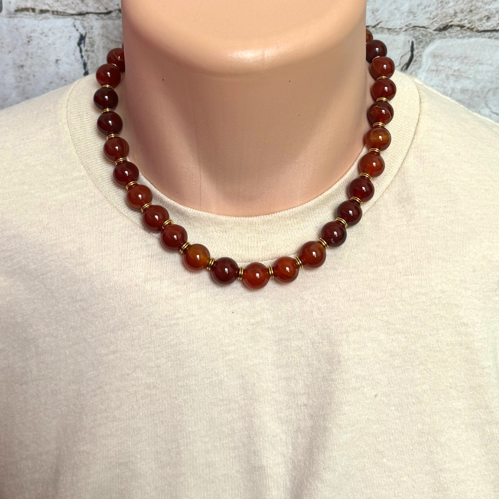 Buy the Mens Carnelian 10mm Beaded Necklace | JaeBee Jewelry