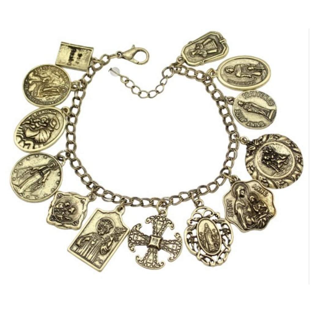 Buy the Antique Gold Religious Saints Cross Charm Bracelet | JaeBee