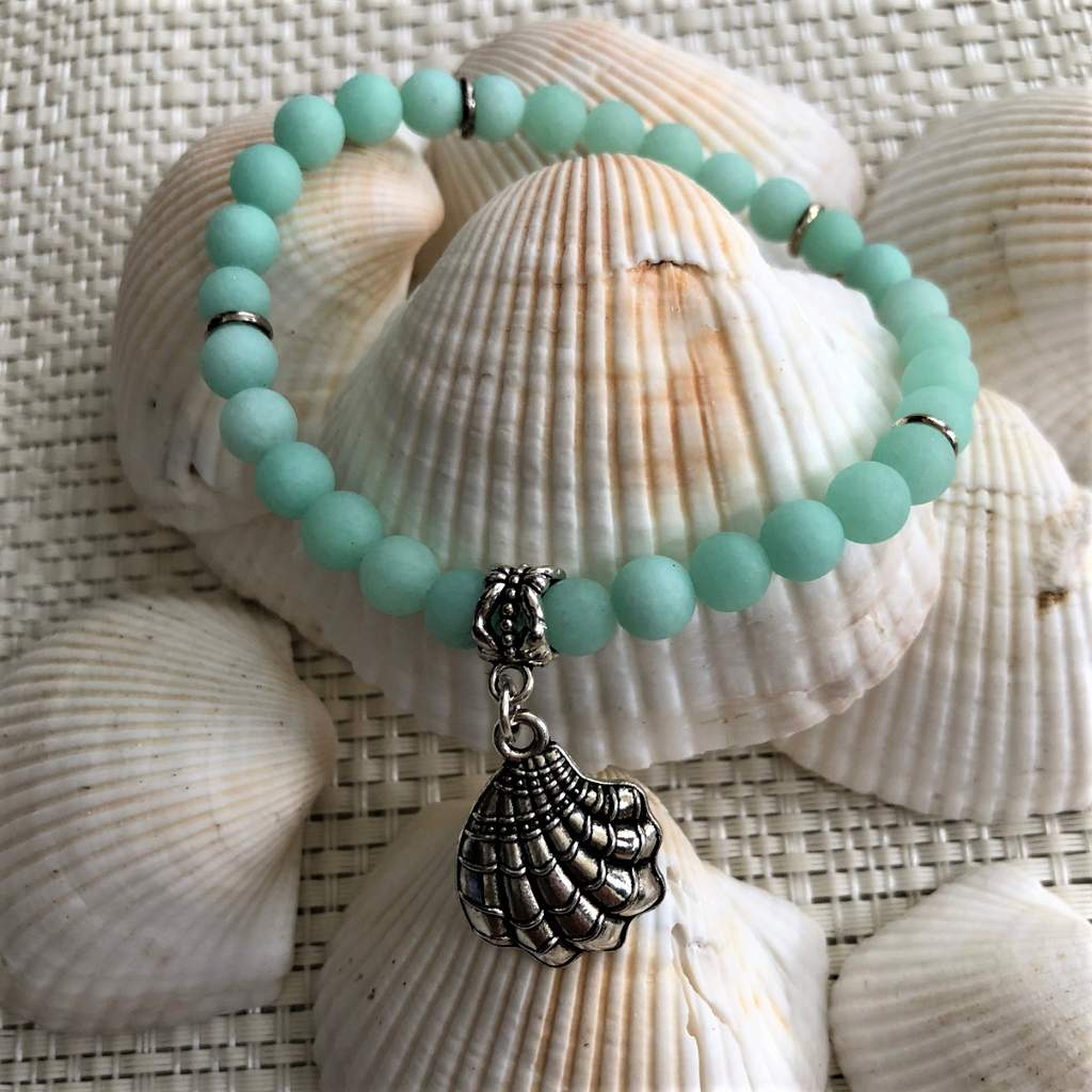 Matte Sea Green Jade Agate Beaded Bracelet with Silver Shell | JaeBee