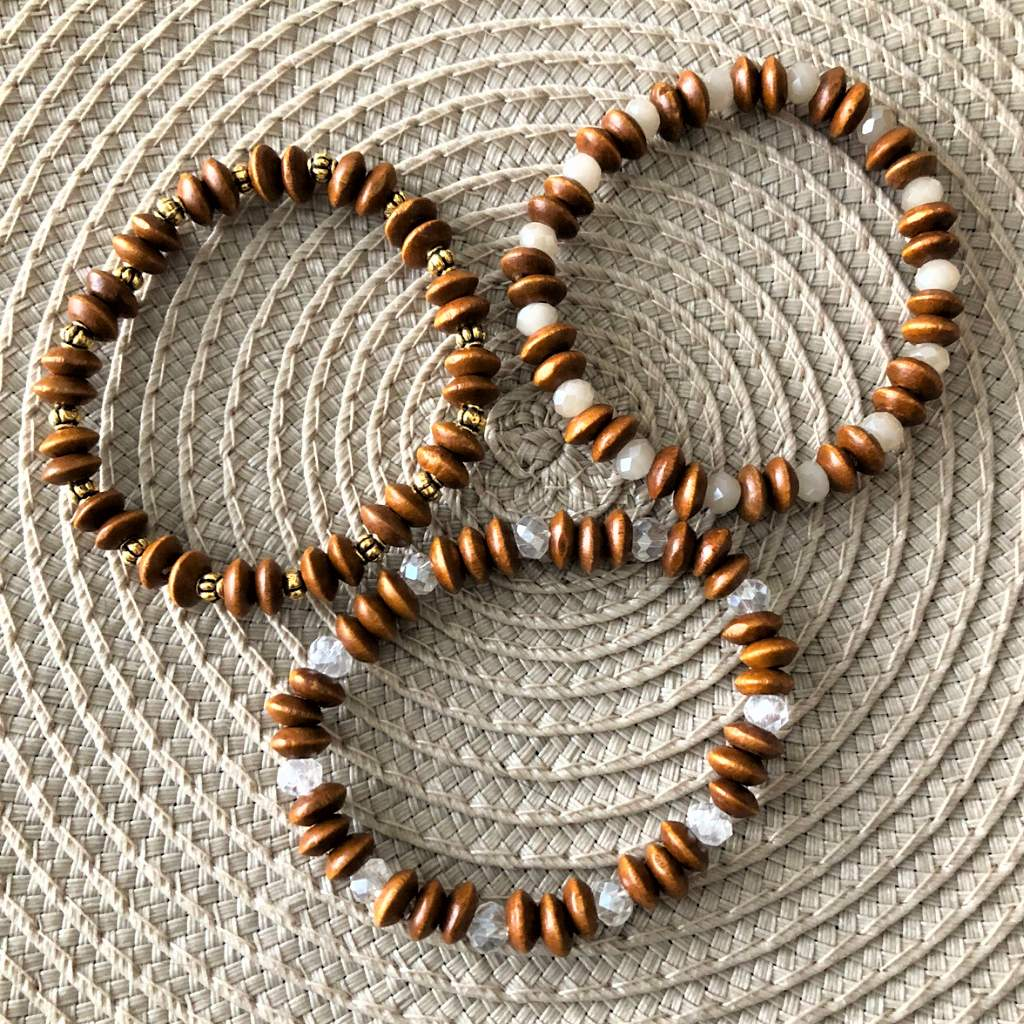Buy the Wood and Gold Beaded Stretch Bracelet | JaeBee Jewelry