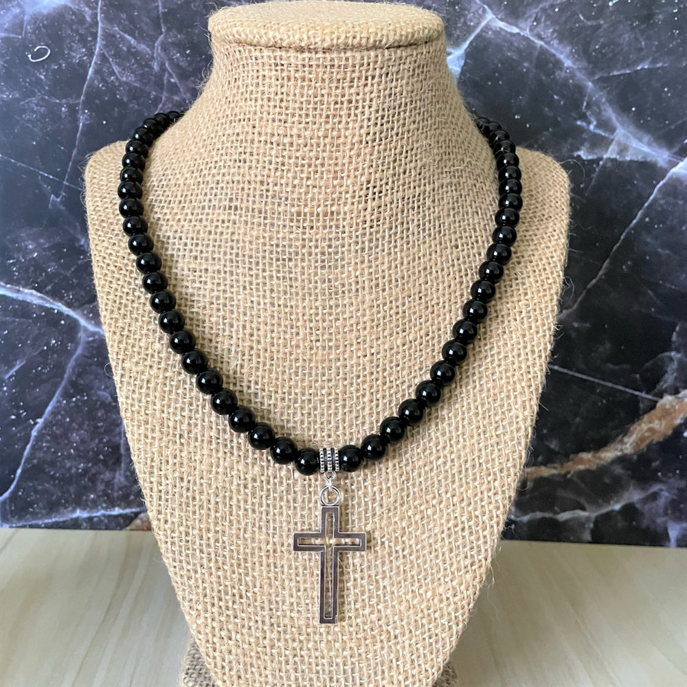 Buy the Silver Cross Black Onyx Mens Beaded Necklace | JaeBee Jewelry