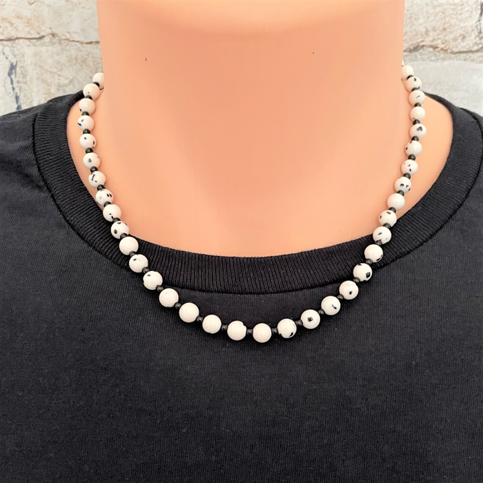Mens White Dalmation 6mm Agate and Black Onyx Beaded Necklace | JaeBee