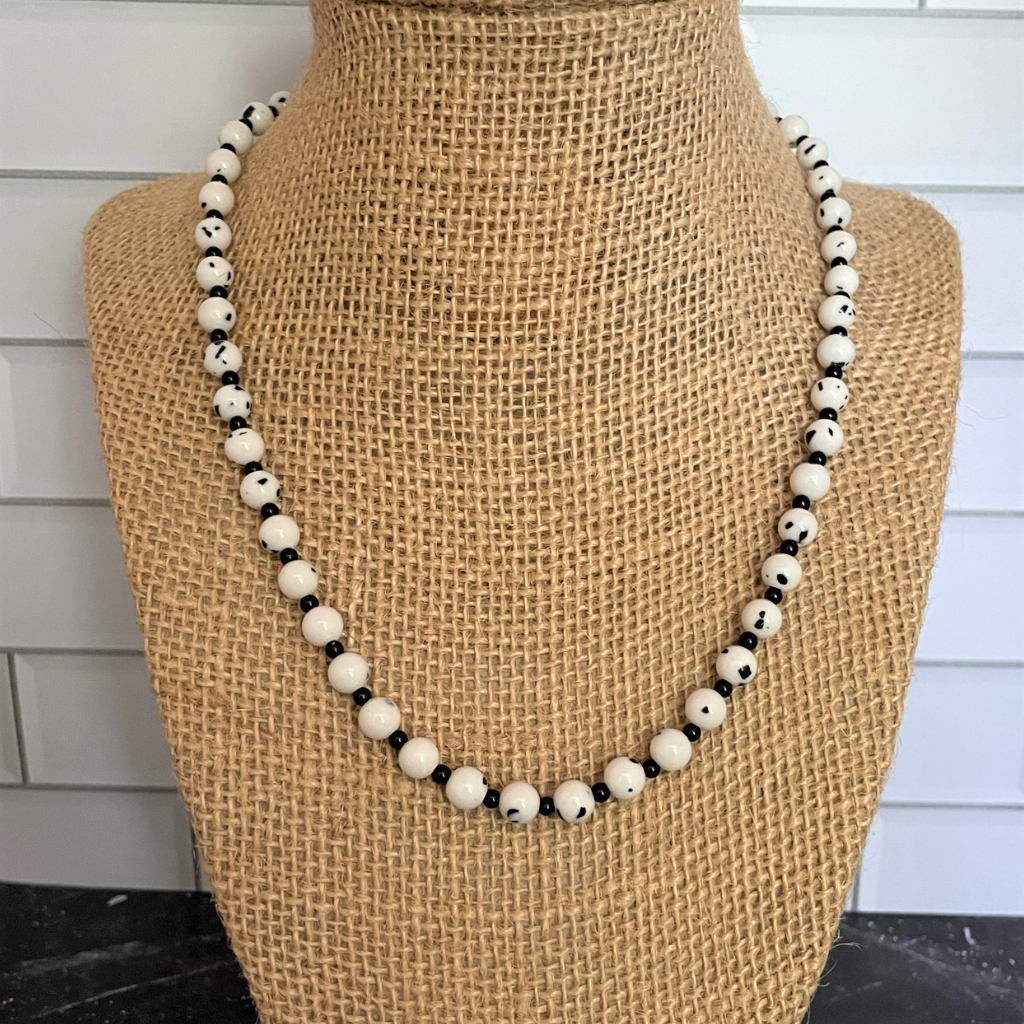 Mens White Dalmation 6mm Agate and Black Onyx Beaded Necklace | JaeBee