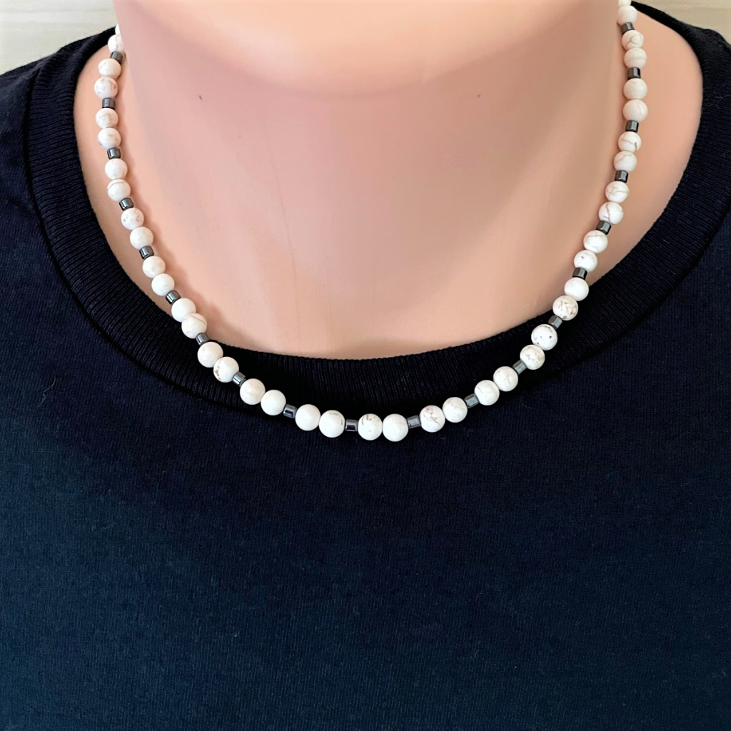 Buy the Mens White Magnesite and Hematite Beaded Necklace | JaeBee