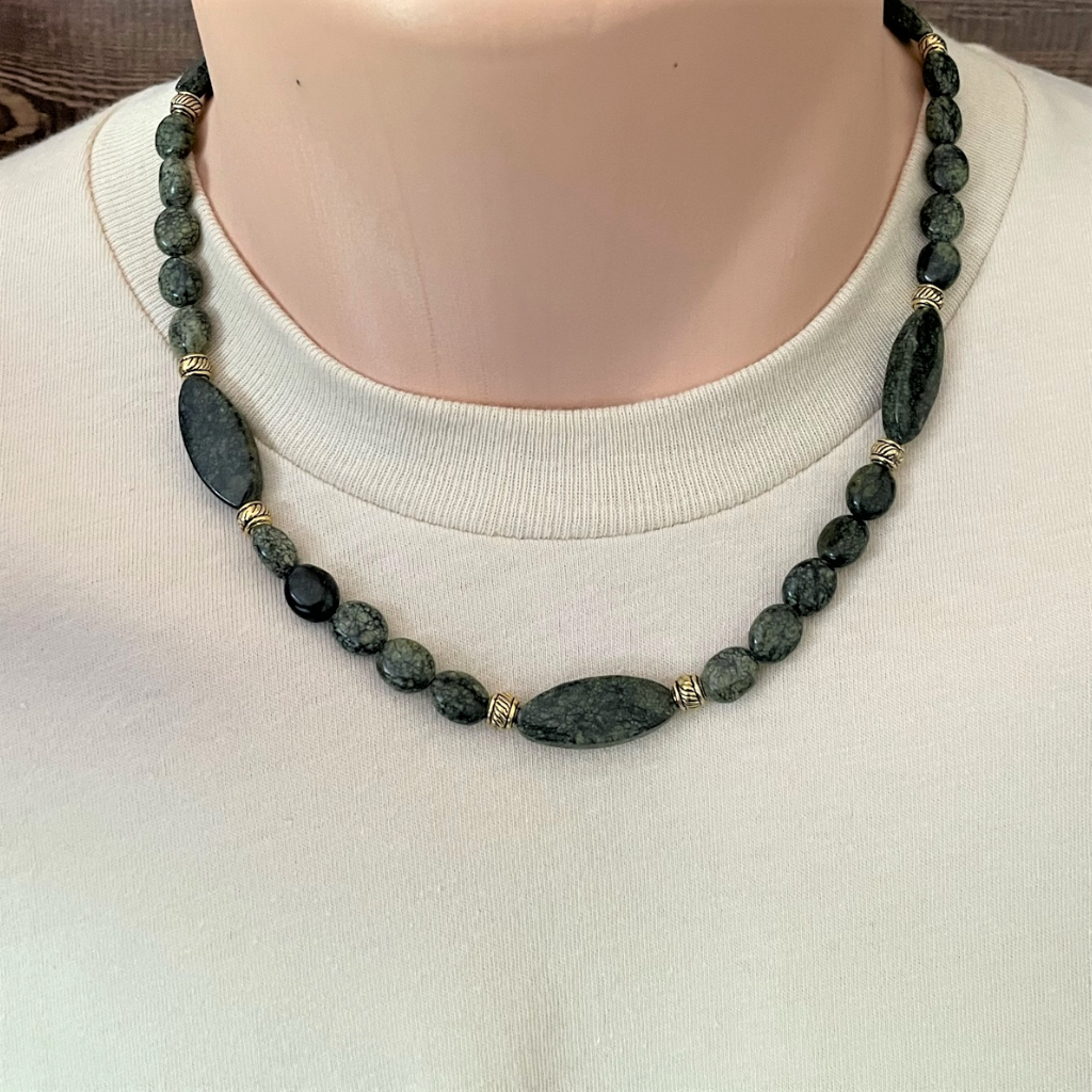 Buy the Green Serpentine Mens Beaded Necklace | JaeBee Jewelry