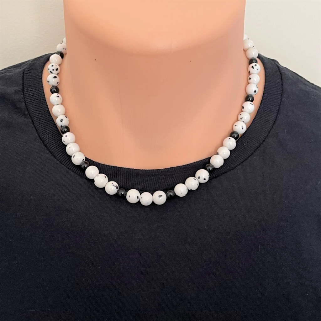 Buy Mens White Dalmation Agate and Black Onyx Beaded Necklace | JaeBee