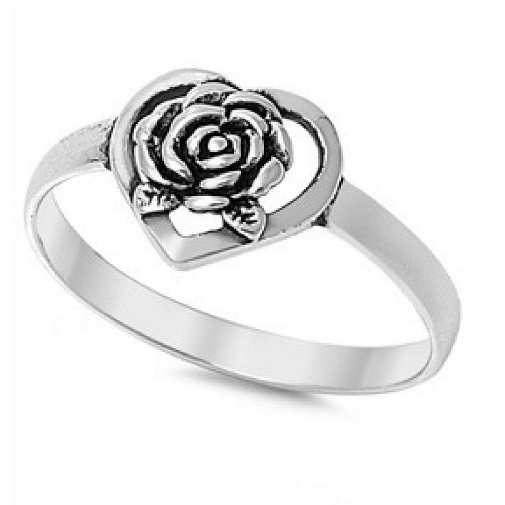 Buy the Sterling Silver Heart and Rose Ring | JaeBee Jewelry